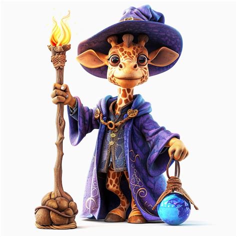3d Giraffe Wizard Cartoon Character Wearing Magic Robe And Magic Hat