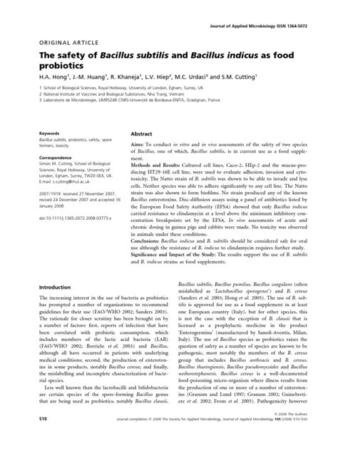 Safety Of Bacillus Subtilis And Indicus Probiotics Pdf Bacillus