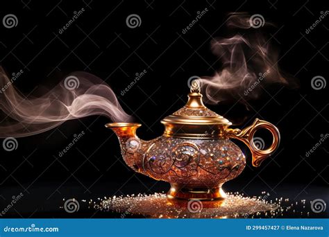 Aladdins Mysterious Lamp With Glowing Fire And Smoke On A Dark Magical