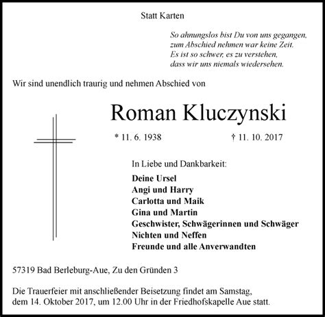 Traueranzeigen Von Roman Kluczynski Trauer In Nrw De