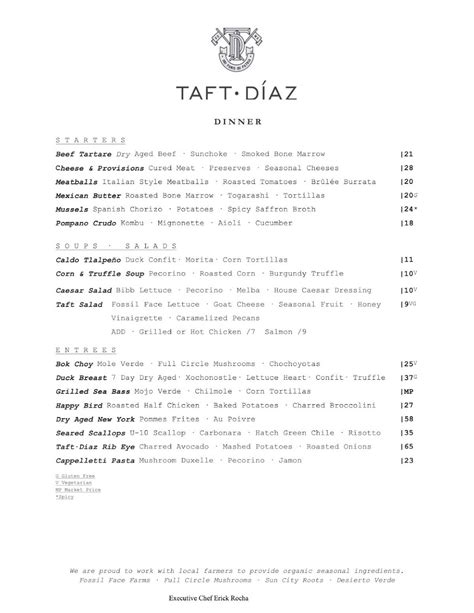 Menu At Taft Diaz Restaurant El Paso