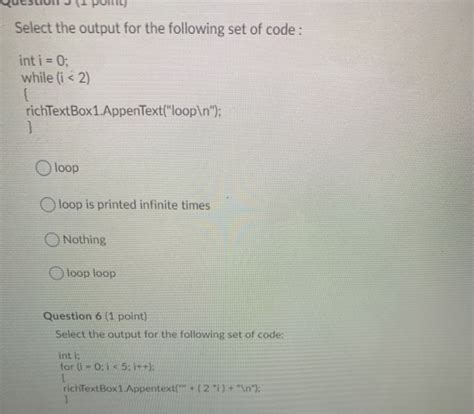 Solved Select The Output For The Following Set Of Code Int