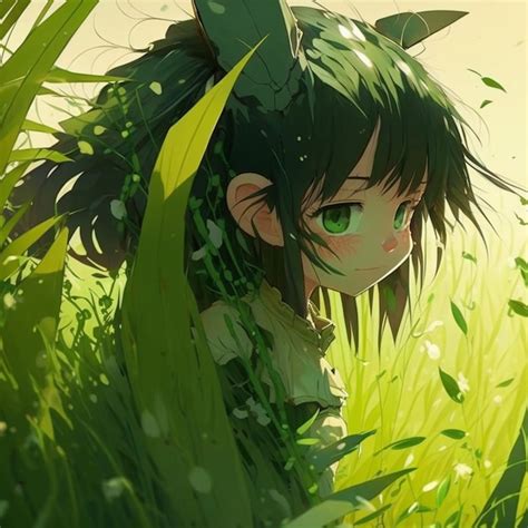 Premium Photo Anime Girl In A Field Of Tall Grass With A Green Leaf