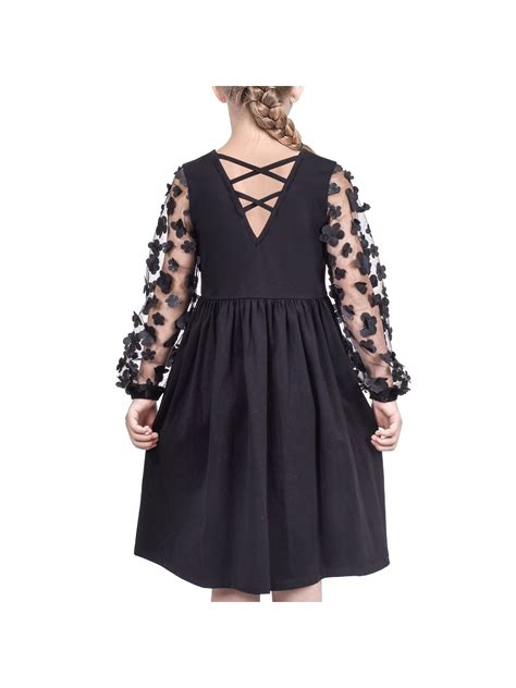 Girls Dress Black Floral Lace Sheer Mesh Long Sleeve Hollow V Back 8