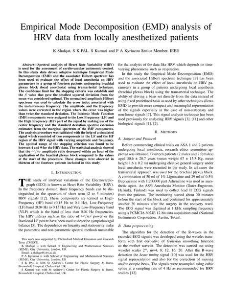 Pdf Empirical Mode Decomposition Emd Analysis Of Hrv Data From Locally Anesthetized Patients