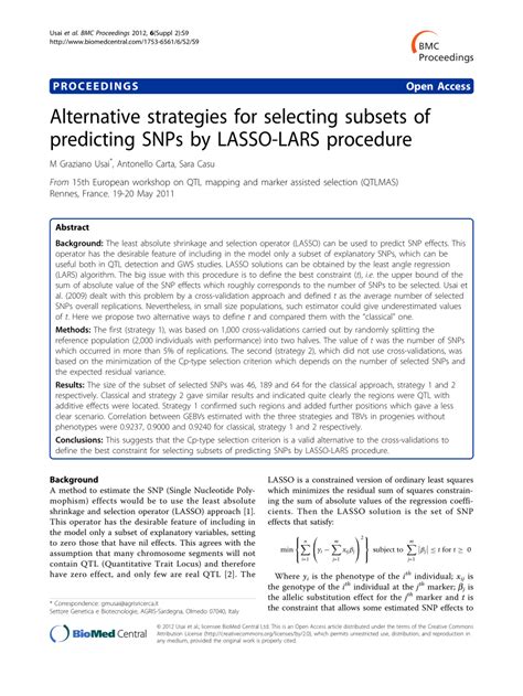 Pdf Alternative Strategies For Selecting Subsets Of Predicting Snps By Lasso Lars Procedure