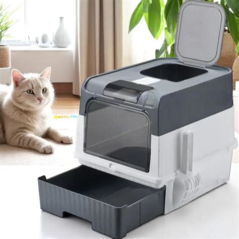 Enclosed Cat Litter Box With Lid And Scoop Portable Easy Clean Splash