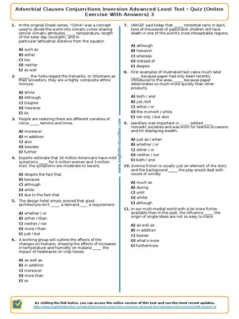 355 adverbial clauses conjunctions inversion advanced level test quiz