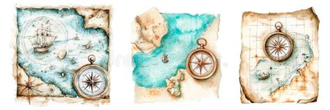 A Set Of Vintage Nautical Map With A Compass And Ship Illustration