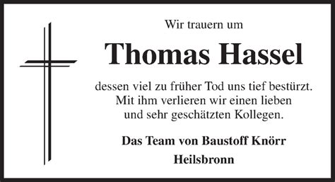 Traueranzeigen Von Thomas Hassel Trauer Flz De