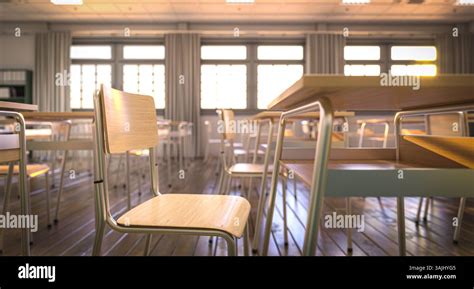 Empty Classic Classroom School Wooden Chairs And Sunlight 3d Stock