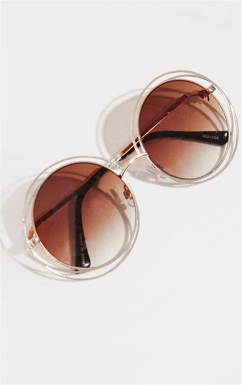 Brown Metal Double Frame Rounded Sunglasses Accessories