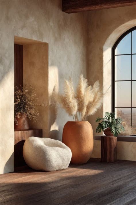 Beige Minimalist Room Interior With Pampas Grass Stock Illustration