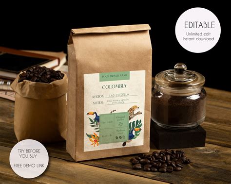 Printable Coffee Bag Label Template Editable Coffee Bag Label Template