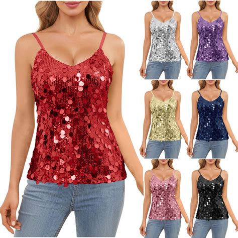 Agwolf Womens Sequin Tops Sparkly Glitter Party Tanks Strappy