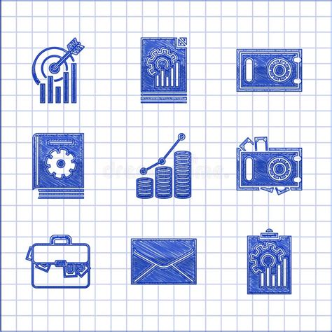 Set Pie Chart Infographic And Coin Envelope Clipboard With Safe