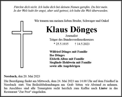 Traueranzeigen Von Klaus Dönges Vrm Trauer De
