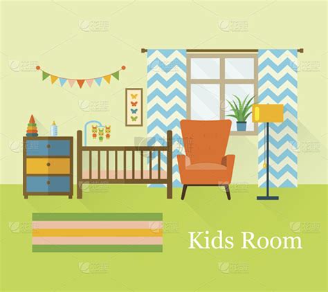 绘画插图家具矢量儿童房扁平化设计行军床窗帘背景分离家庭照明设备