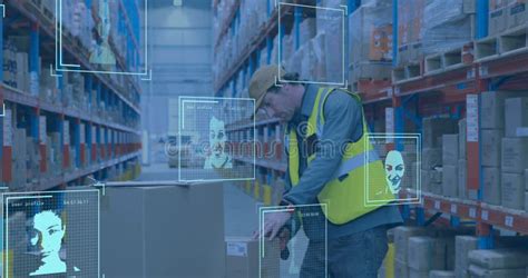 Facial Recognition Image Over Warehouse Worker Handling Large Box Stock