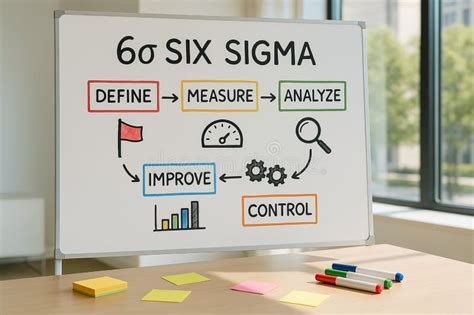 Whiteboard Presentation Of Six Sigma Dmaic Cycle With Hand Drawn Icons And Arrows Showing Define