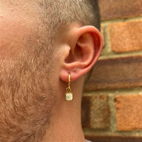 Mens Earrings 18k Gold Dangle Hoop Earrings Mens White Pearl Dangle