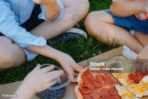 방과 후 풀밭에서 점심을 먹는 아이들 피자 조각을 잡는 아이들의 손 가족에 대한 스톡 사진 및 기타 이미지 가족 건강하지 못한 생활방식 남성 Istock