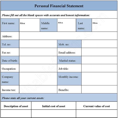 Blank Personal Financial Statement Fillable Pdf Template Editable