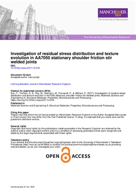 Pdf Investigation Of Residual Stress Distribution And Texture Evolution In Aa7050 Stationary
