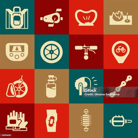 자전거 페달 체인 자전거 펑크 타이어 바퀴 Gps 장치지도 하이킹 배낭 및 핸들바 아이콘을 설정합니다 벡터 건강관리와 의술에 대한 스톡 벡터 아트 및 기타 이미지 Istock