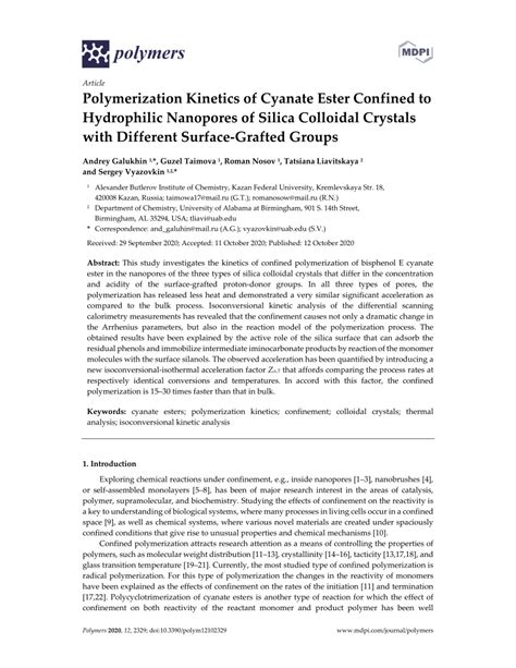 Pdf Polymerization Kinetics Of Cyanate Ester Confined To Hydrophilic Nanopores Of Silica