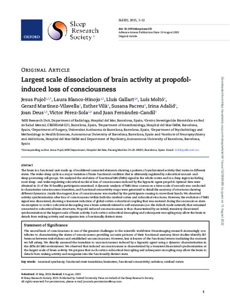 Pdf Largest Scale Dissociation Of Brain Activity At Propofol Induced Loss Of Consciousness