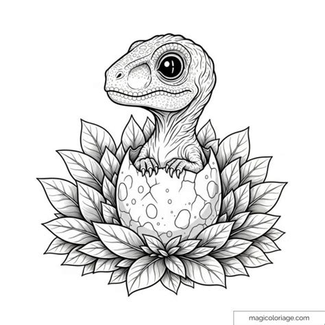 Colorear Dinosaurio Saliendo Del Huevo Sobre Un Fondo Vegetal
