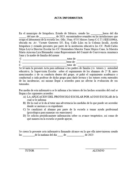Acta Informativa Escolar De Hechos Pdf