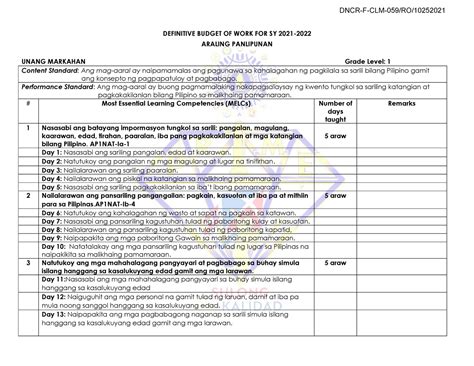 Ap Dbow Dbow Definitive Budget Of Work For Sy 2021 Araling