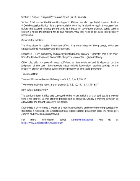 Section 8 Notice To Regain Possession Based On 17 Grounds Pdf