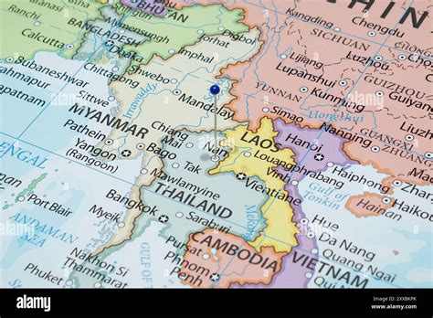 Close Up To Nan City With A Blue Pin Needle Into Thailand Country