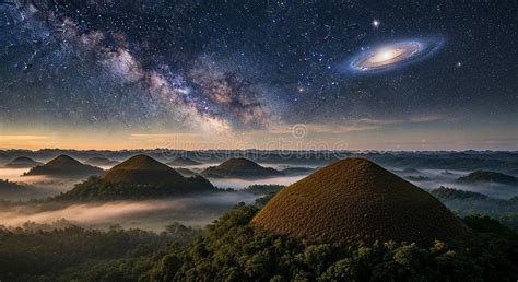 Milky Way Landscape Over Misty Conical Hills Under Cosmic Night Sky