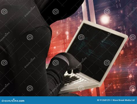 Black Jumper Hacker With Out Face With Computer Stock Illustration