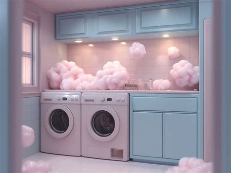 Modern Pastel Laundry Room With Pink Bubbles And Blue Cabinets Stock