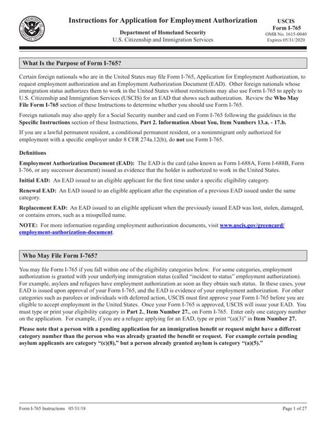 Download Instructions For Uscis Form I 765 Application For Employment