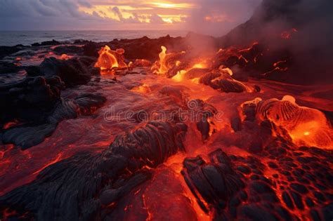 Volcanic Eruption In Hawaii Volcanoes National Park At Sunset Lava Is
