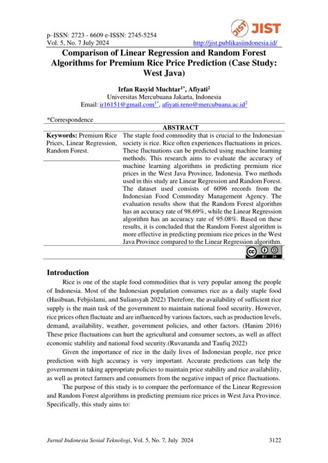 Pdf Comparison Of Linear Regression And Random Forest Algorithms For Premium Rice Price