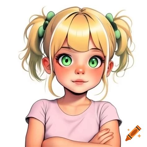 Anime Girl With Blonde Hair And Green Eyes Crossed Arms In Pink T