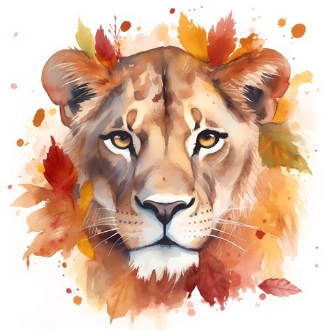 Uma Pintura Em Aquarela Do Rosto De Um Leão Com Folhas De Outono Foto