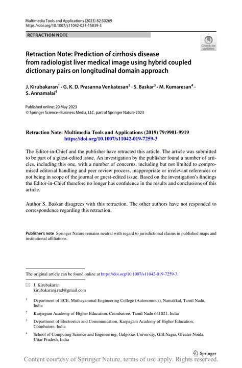 Retraction Note Prediction Of Cirrhosis Disease From Radiologist Liver Medical Image Using