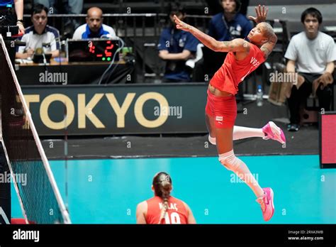 Turkeys Melissa Vargas Leaps To Hit The Ball Against Belgium During