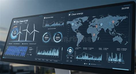 A Digital Dashboard Displaying Clean Energy Data Features Include Wind Turbine Stock