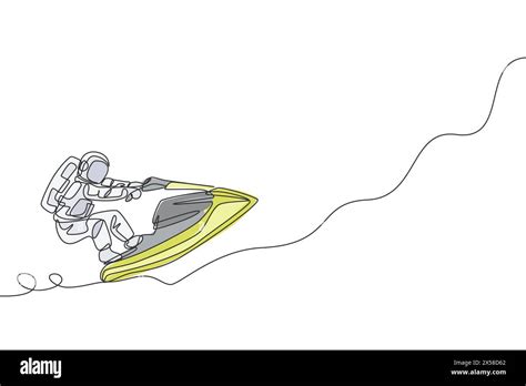 Single Continuous Line Drawing Of Astronaut Using Jetski On Moon Surface Outer Deep Space