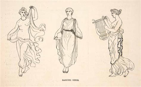 1886 Print Nude Greek Girls Dance Harp Musician Toga Costume Dress Xgh