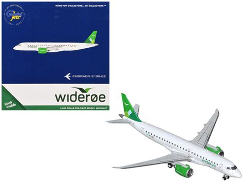 Embraer E190 E2 Commercial Aircraft Wideroe Ln Wea White With Green Tail 1 400 Diecast Model